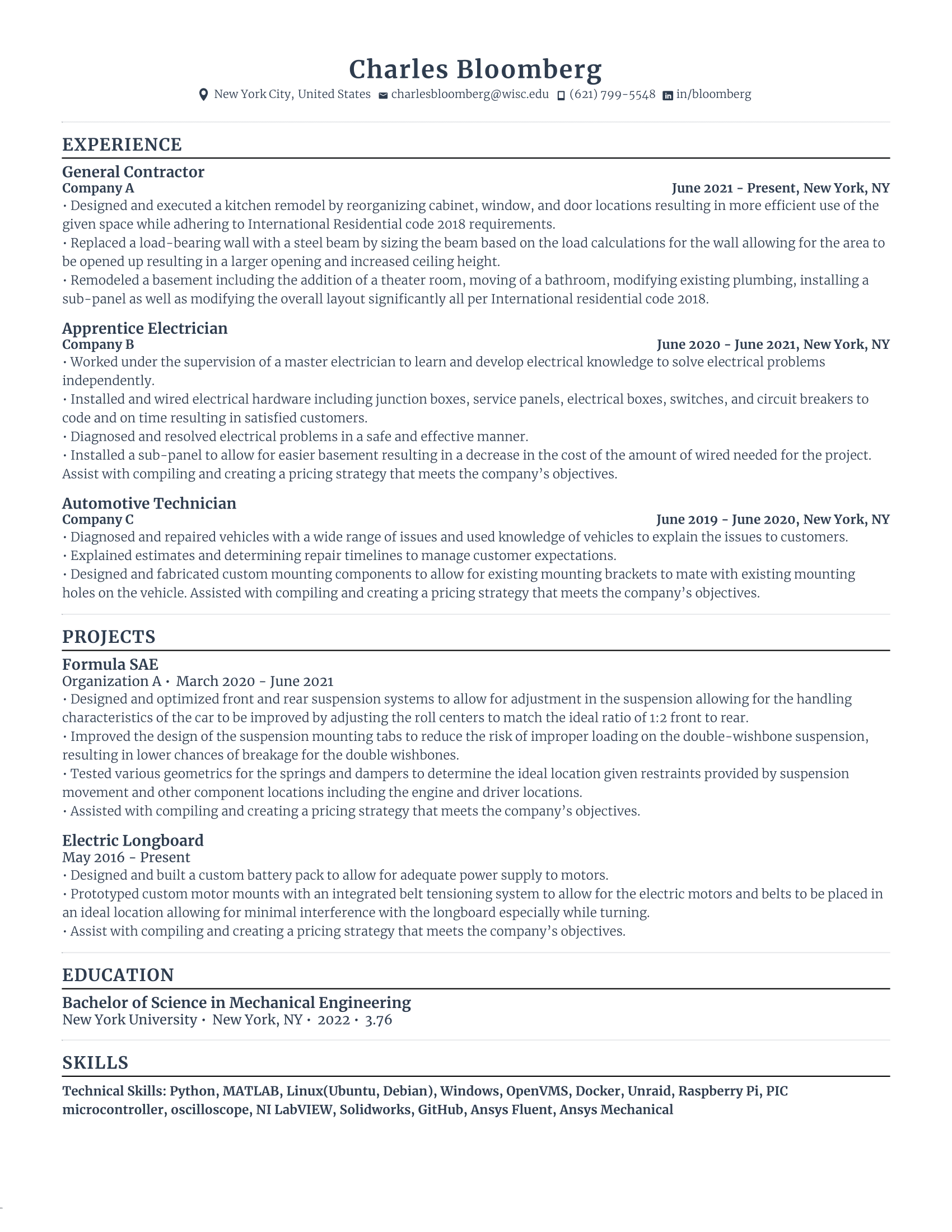 Entry Level Mechanical Engineer Resume Example For 2023 Rezi Ai
