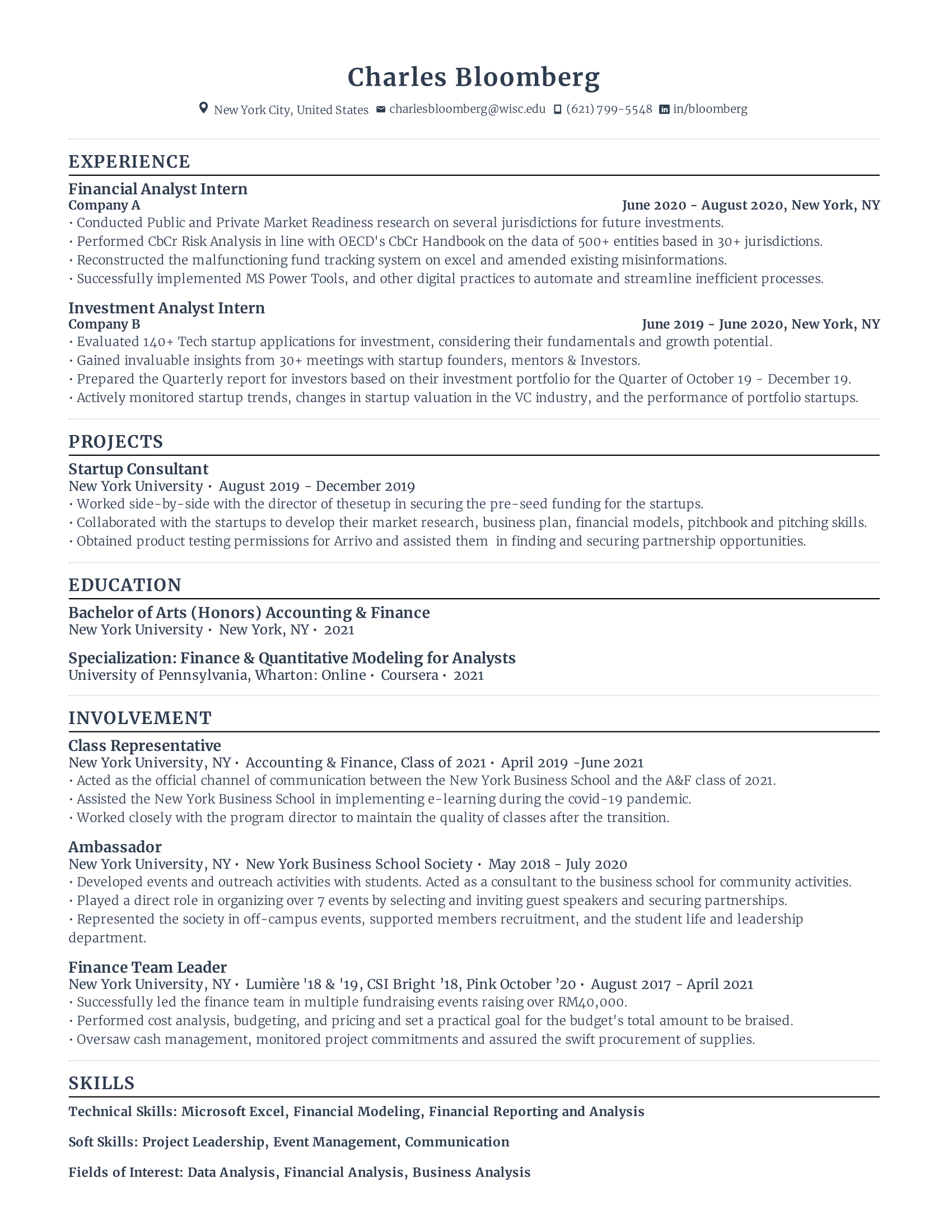 Financial Analyst Intern Resume Example For 2023 Rezi Ai