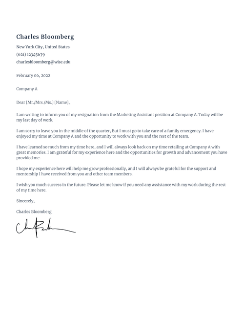 Free 24 Hours Notice Resignation Letter Sample - Rezi