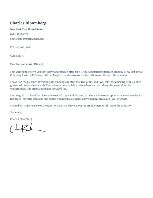 Free 3 Weeks Notice Resignation Letter Sample - Rezi