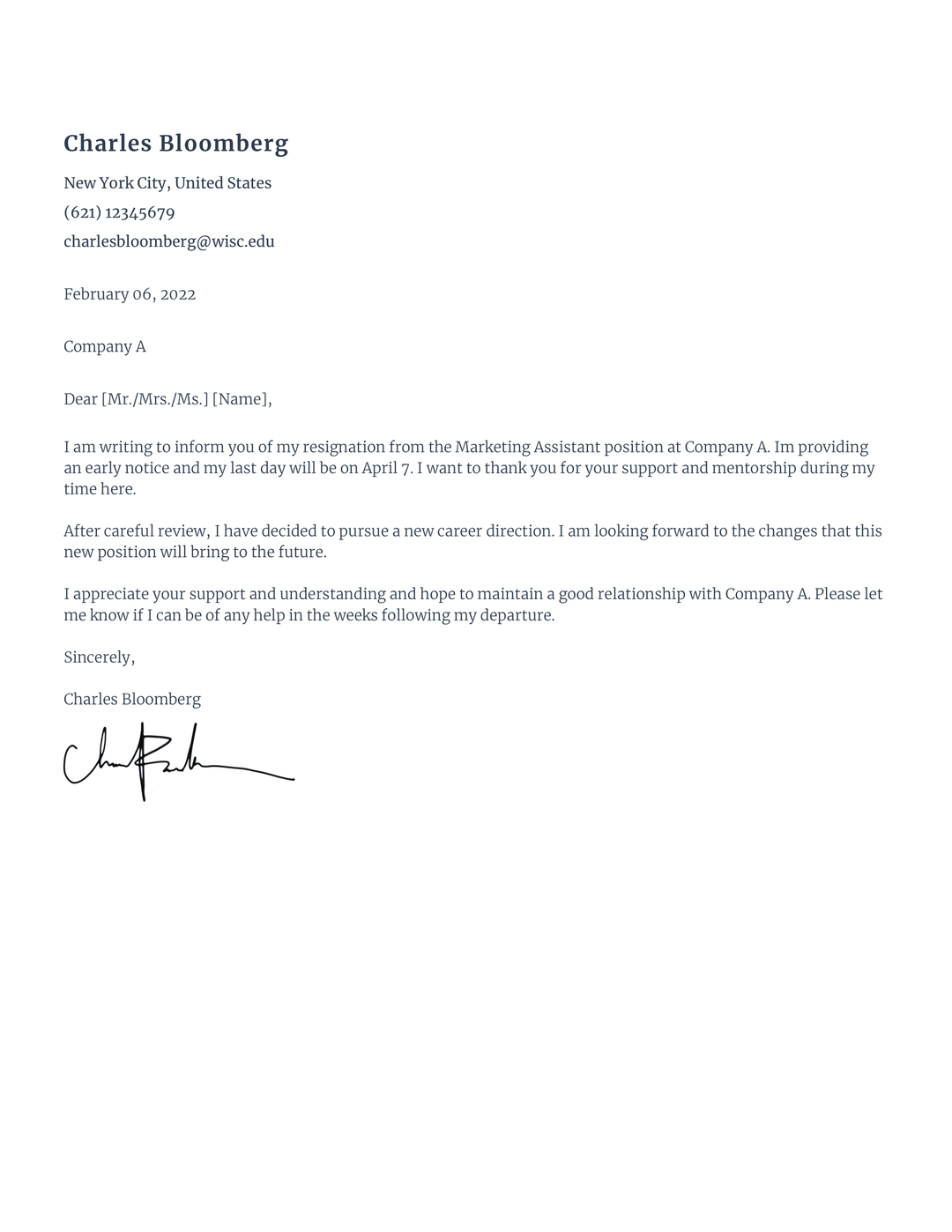 Free Early Notice Resignation Letter Sample - Rezi Free Early Notice Resignation Letter Sample - Rezi
