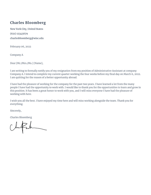 Free Resignation Letter With 4 Weeks Notice Sample - Rezi