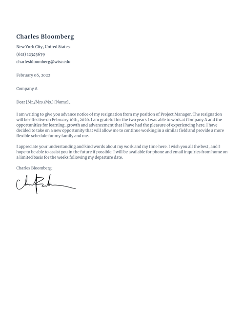 Free Short Term Notice Resignation Letter Sample - Rezi