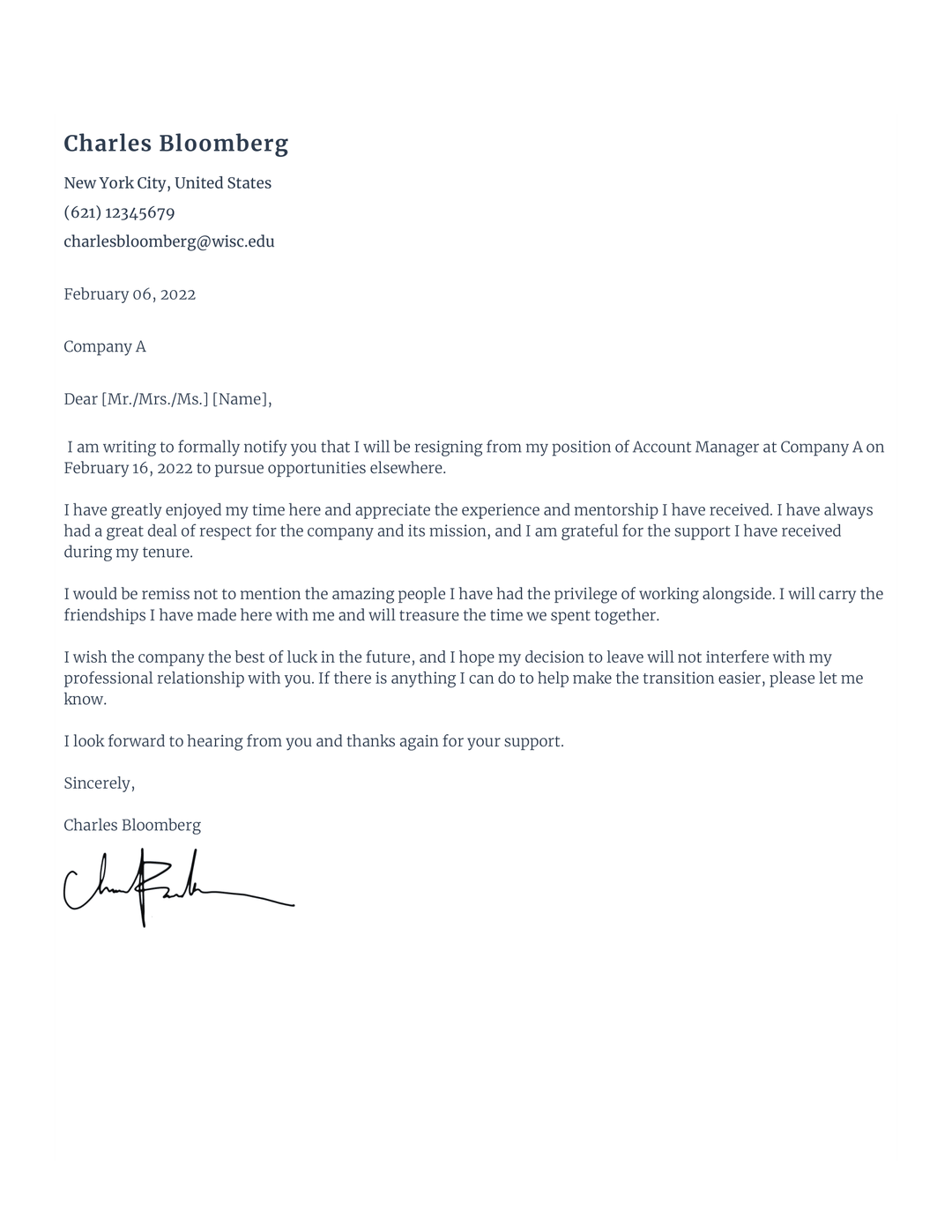 Free 10 Days Notice Resignation Letter Sample - Rezi