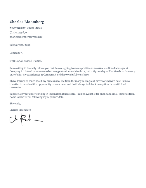 Free 45 Days Notice Resignation Letter Sample - Rezi