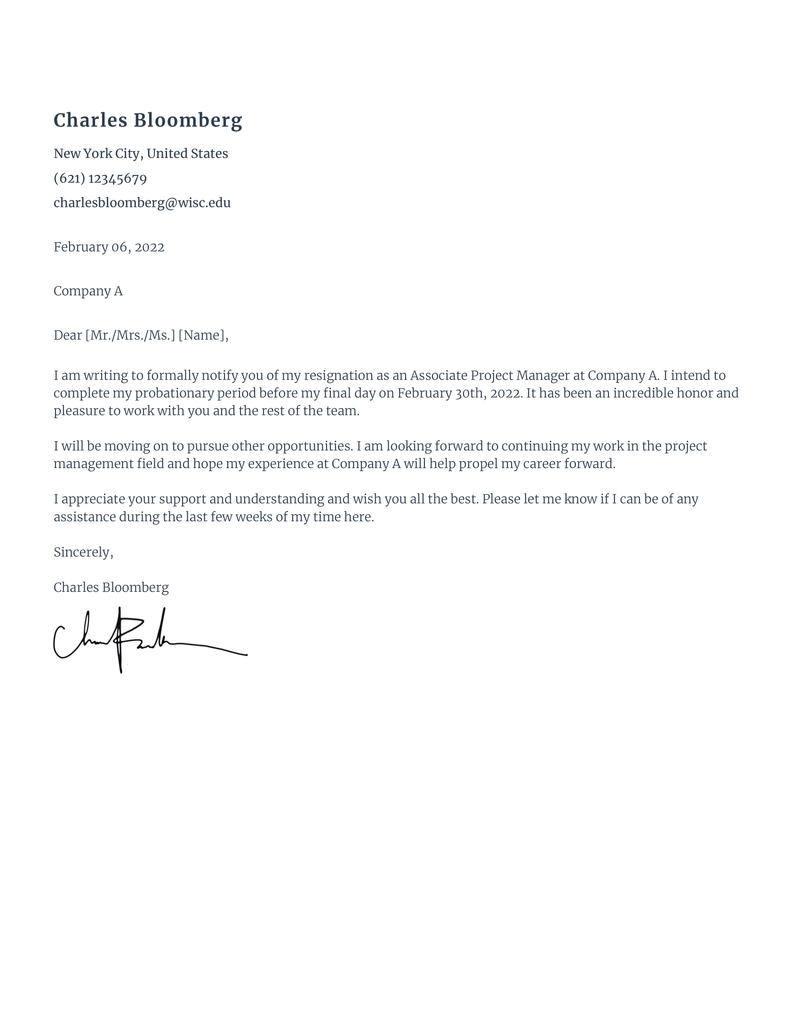 Free End of Probationary Period Resignation Letter Sample - Rezi