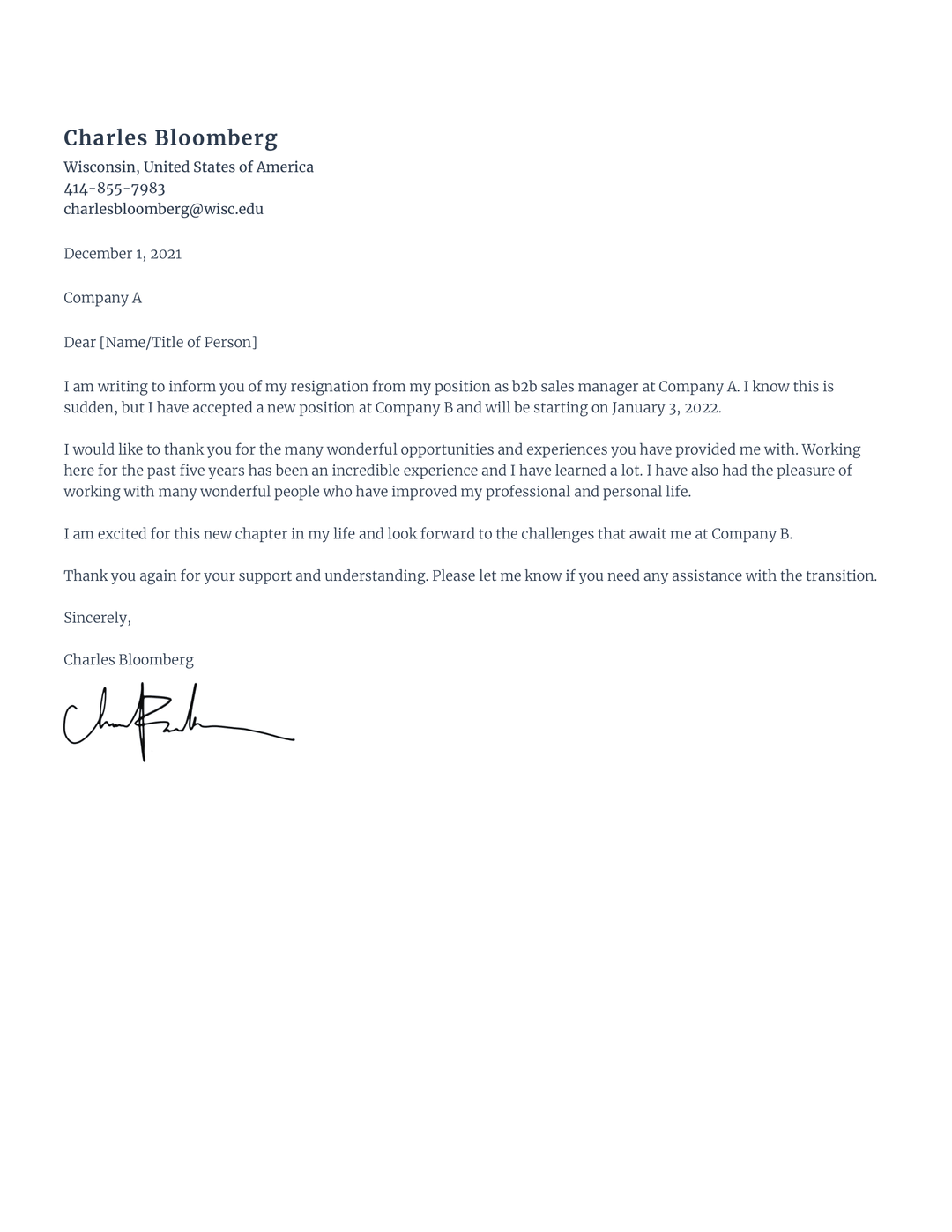 Free B2B sales manager resignation letter Sample - Rezi