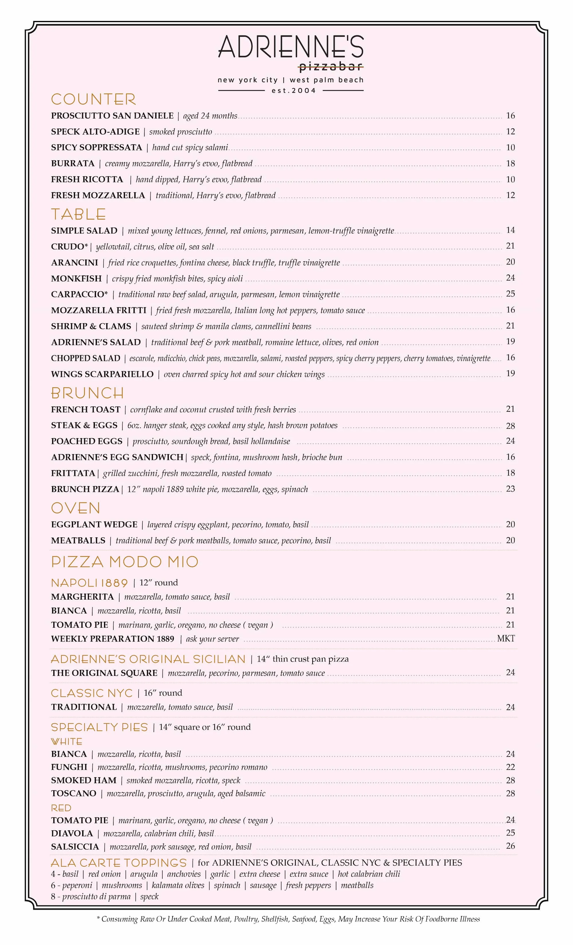 West Palm Beach Menu | Adrienne's Pizzabar