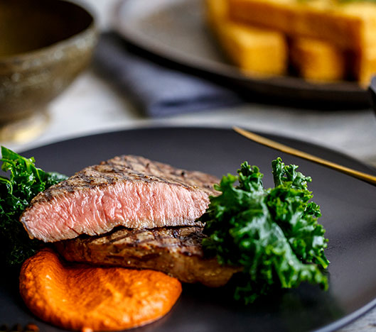 GRILLED SCOTCH FILLET, PARMESAN POLENTA CHIPS, CHARRED PAPRIKA & WALNUT ...