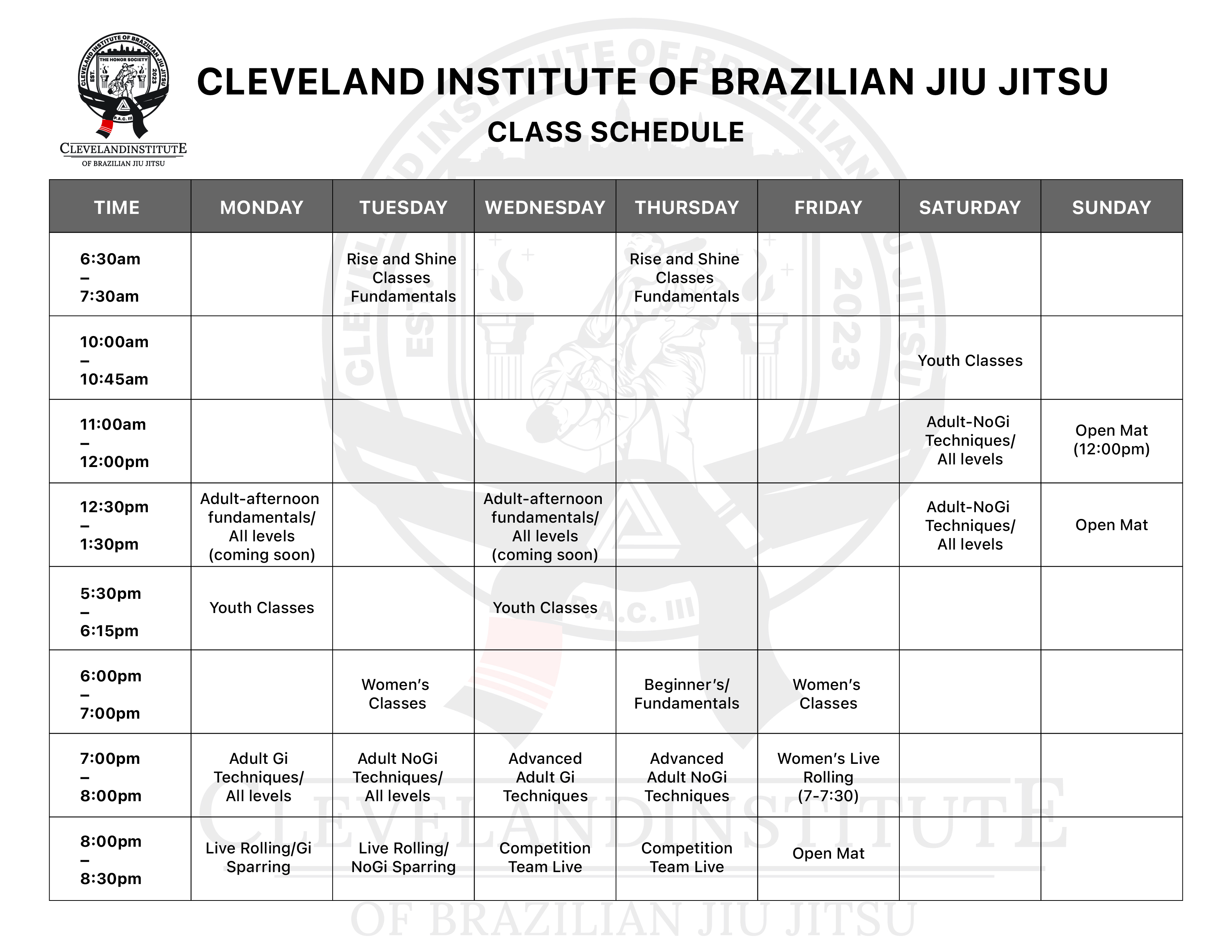 Class Schedule for Youth|Women|Adult Jiu-Jitsu